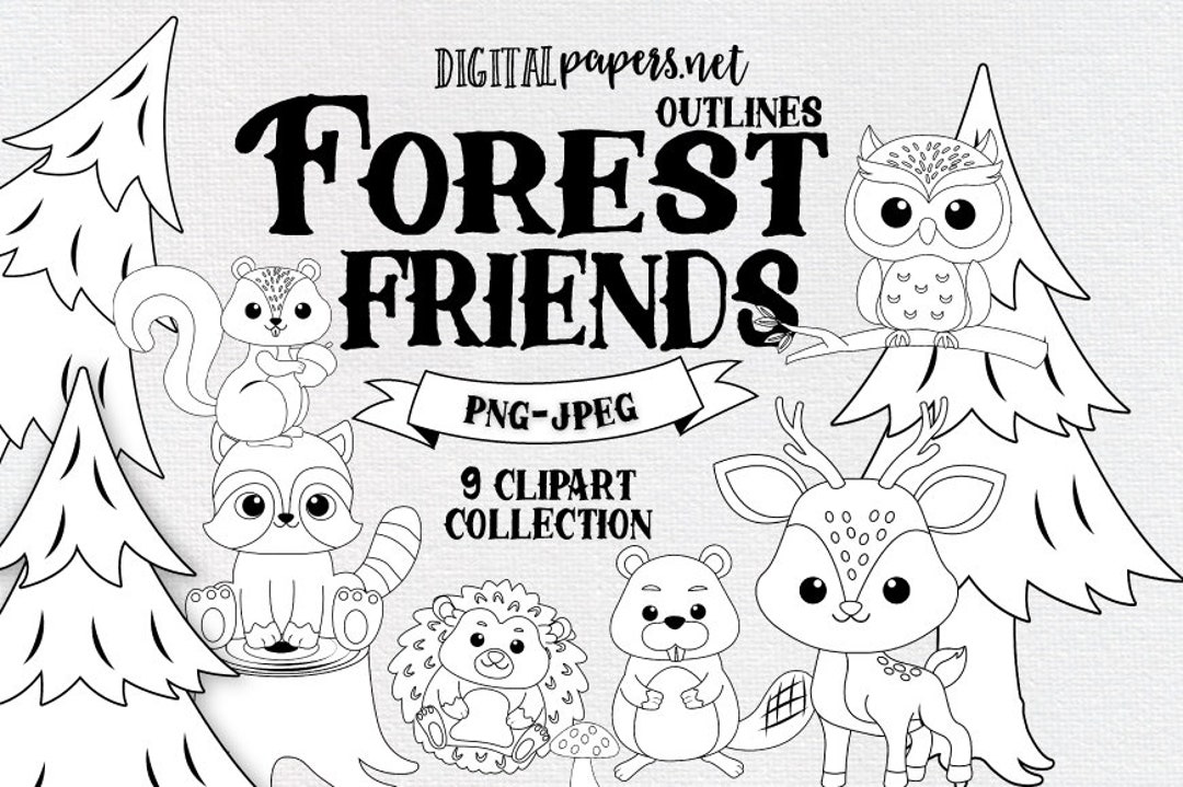 Woodland Animals Clipart Outlines, Forest Digital Stamps, Deer, Owl ...