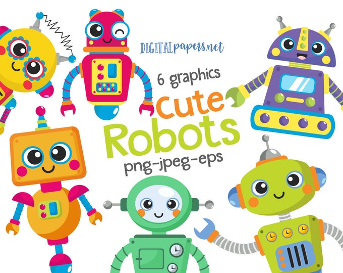 BUY 4 GET 50% OFF Retro Robot Clipart - Robot Clip Art - Cute Robots ...