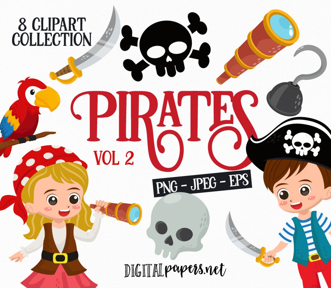 Pirate Clipart Set: Birthday Party, Map, Ship (PNG, EPS, JPEG) (instant ...