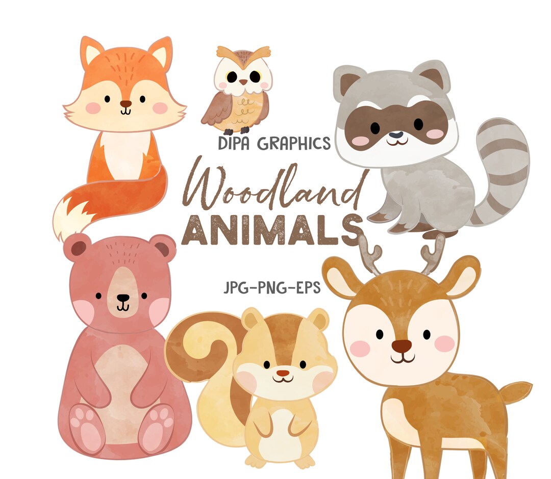 Woodland Animals Clipart, Bear, Fox, Reindeer, Squirrell, Owl, Raccoon ...