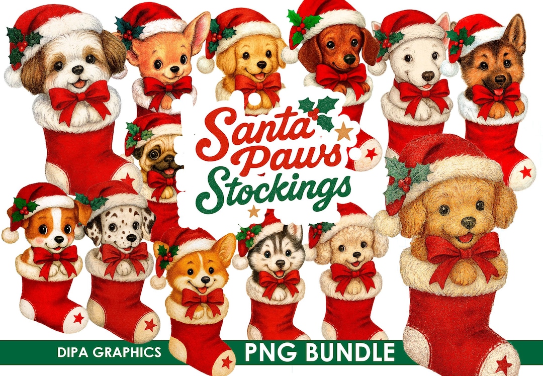 Vintage Christmas Puppy PNG Clipart: Santa Paws Stockings (instant ...