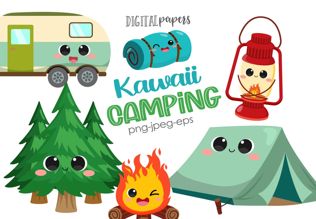 Camping Kawaii Clipart, Tree, Camper, Woods, Fireplace, Fire Pit, Lamp ...
