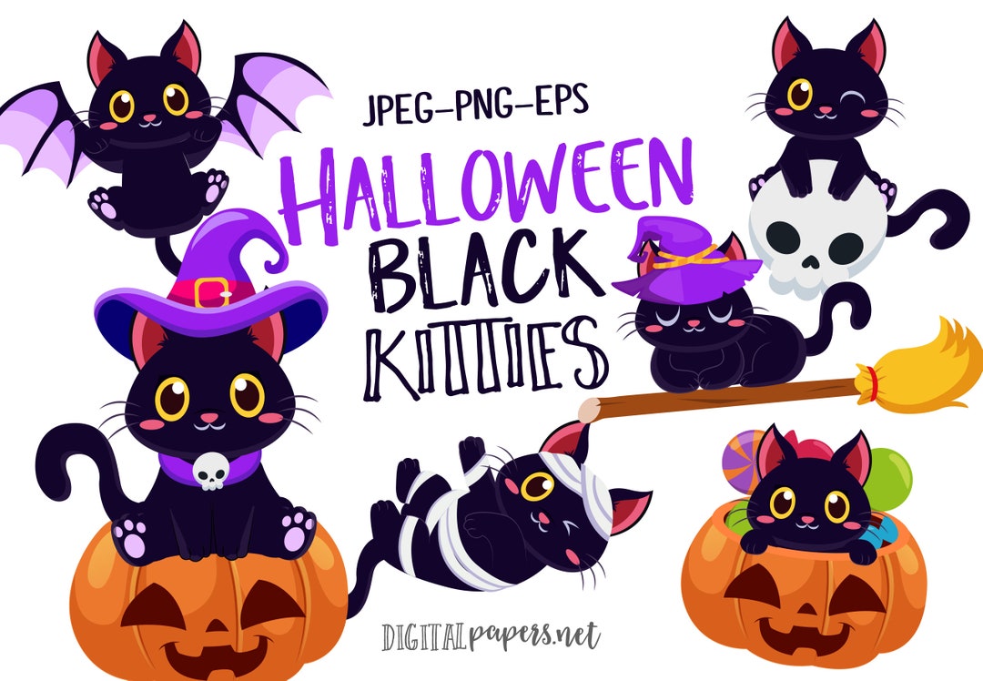 Black Kitties, Halloween Clipart, Black Cat Clipart, Pumpkin, Bat ...