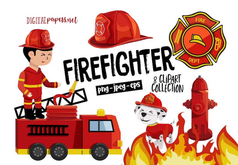 Firefighter Clipart Set: Fireman, Truck, Dog (commercial Use, Instant ...