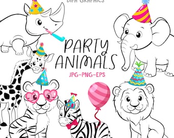 Party Animals Clipart Bundle, Watercolor Safari Jungle Zoo Animals With ...