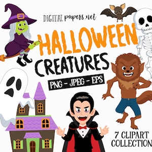 Halloween Monsters Clipart: Ghost, Witch, Werewolf (PNG, EPS) - Etsy