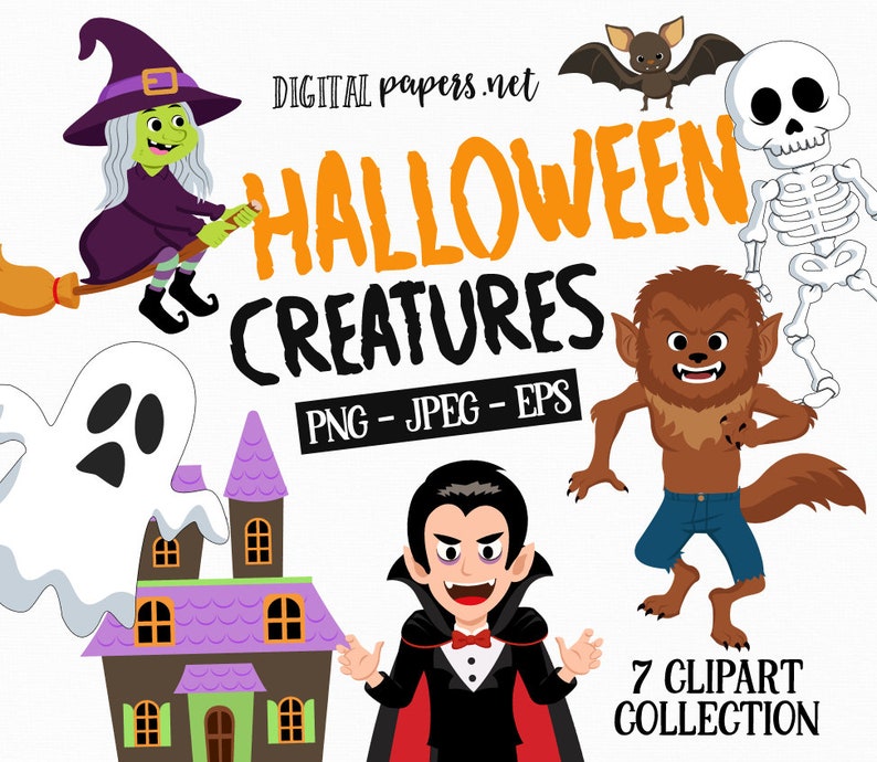 Halloween Monsters Clipart: Ghost, Witch, Werewolf (PNG, EPS) - Etsy