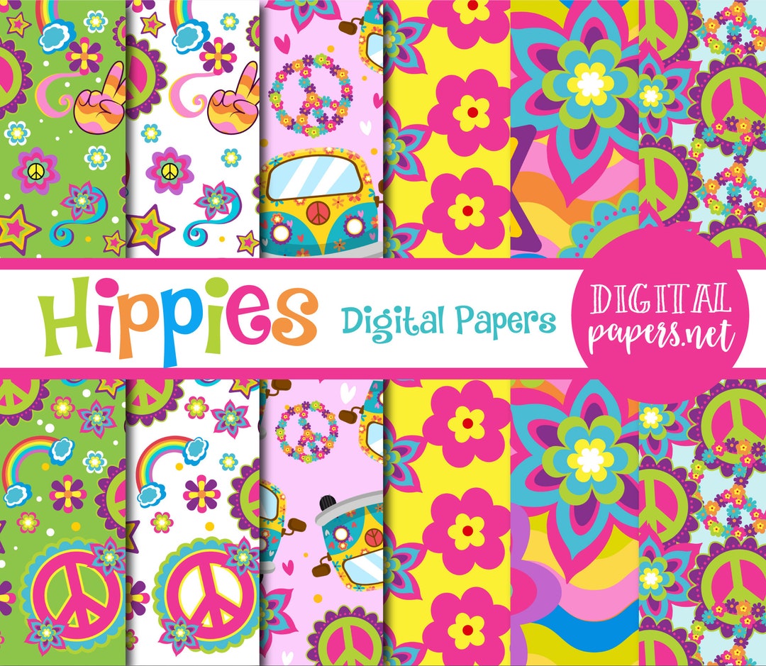 Hippie Digital Paper, Groovy Flowers, Retro Clipart, 60s Clipart, Peace ...