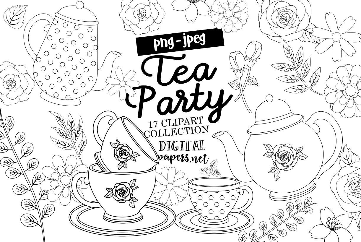 Tea Party Clipart Outlines Tea Leaves Spring Clip Art PNG | Etsy