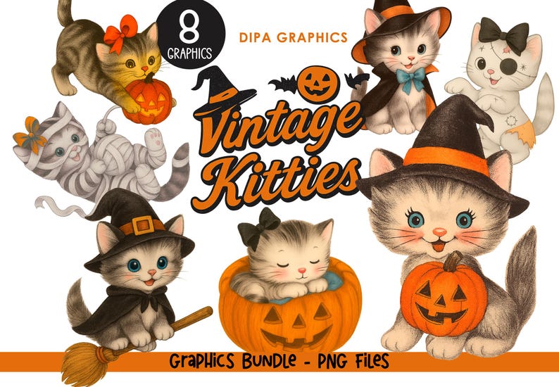 Vintage Halloween Kitty Cat PNG Clipart, Watercolor Graphics, Instant ...