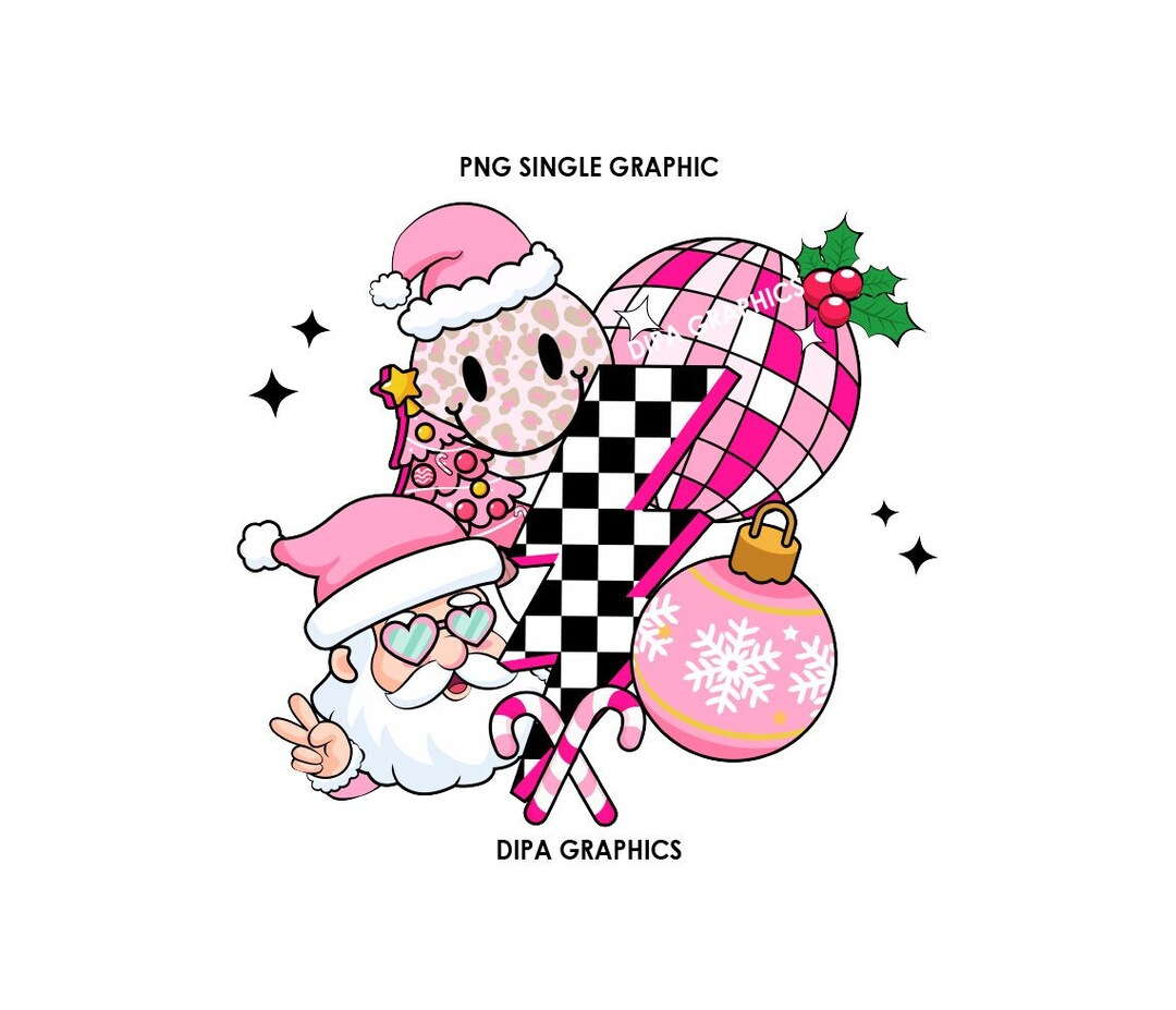 Pink Christmas Clipart: Groovy Santa, Disco Ball, Candy Cane (PNG ...