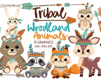 Tribal Woodland Animals Clipart Commercial Use, Fox Rabbit Porcupine ...