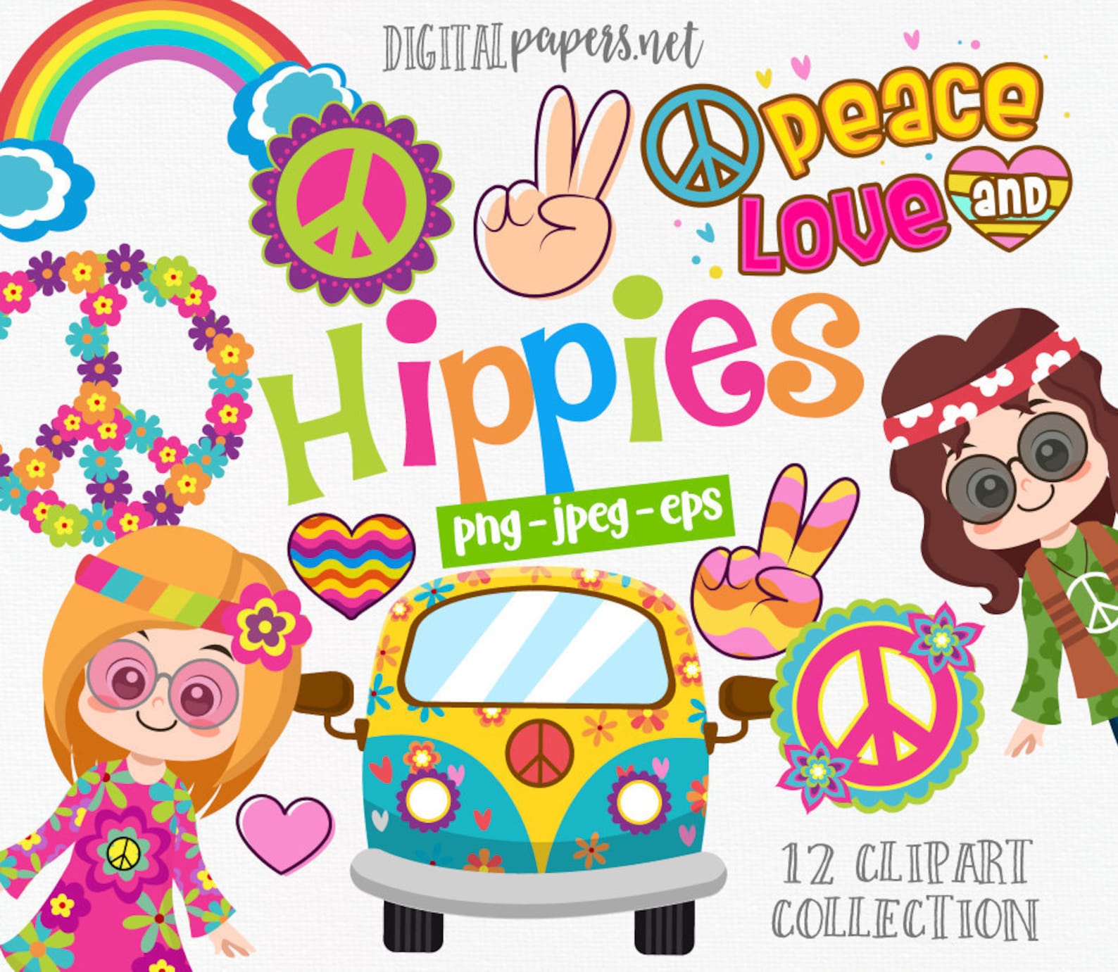 Hippie Clipart, Groovy Flowers, Retro Clipart, 60s Clipart, Peace and ...