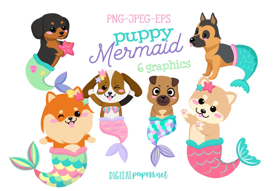 Puppy Mermaid Clipart Mermaid Clipart Dog Clipart Dog | Etsy