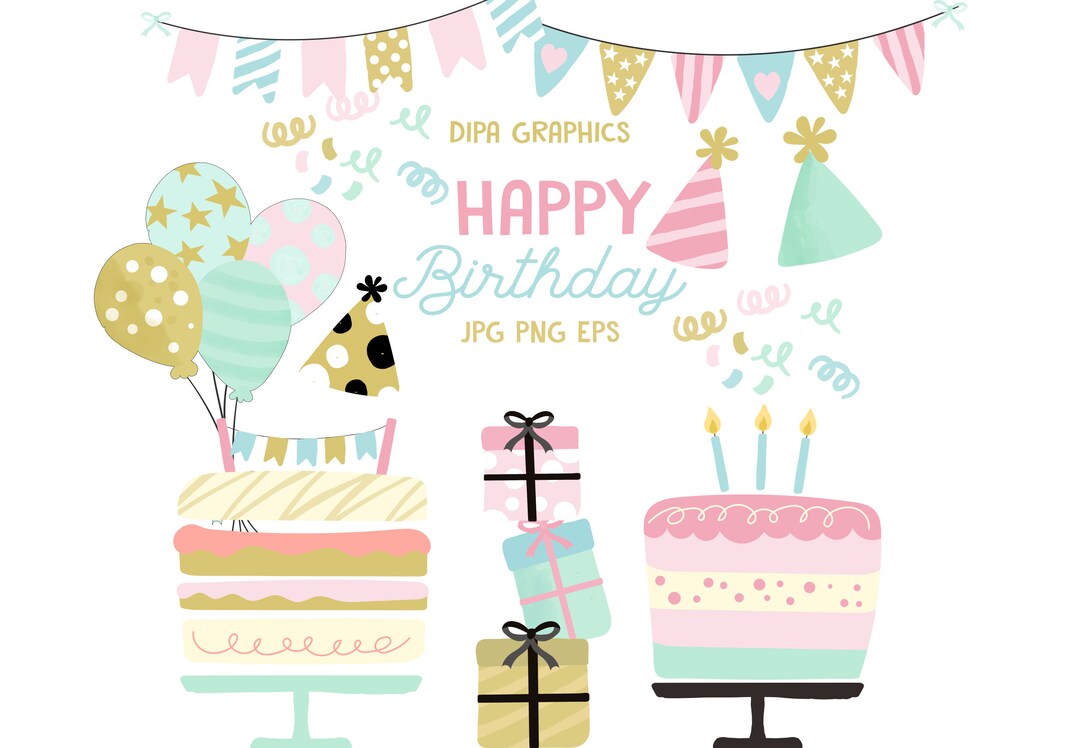 Birthday Clipart, Cake, Balloon, Garland, Party Hat, Candles, Gift ...