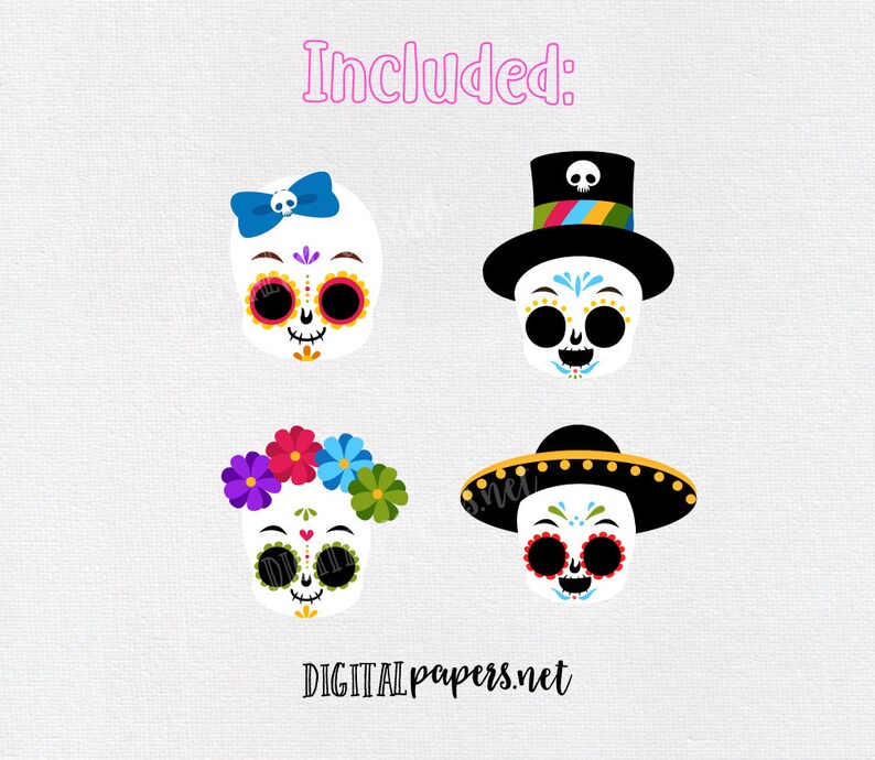 Day of the Dead Clipart Cute Skulls Clip Art Png clipart | Etsy
