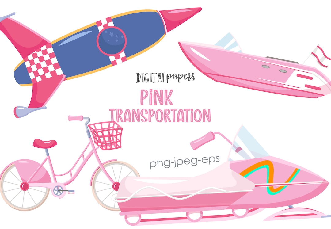 Pink Transportation Clipart: Boat, Rocket, Bicycle, Snowmobile (PNG ...