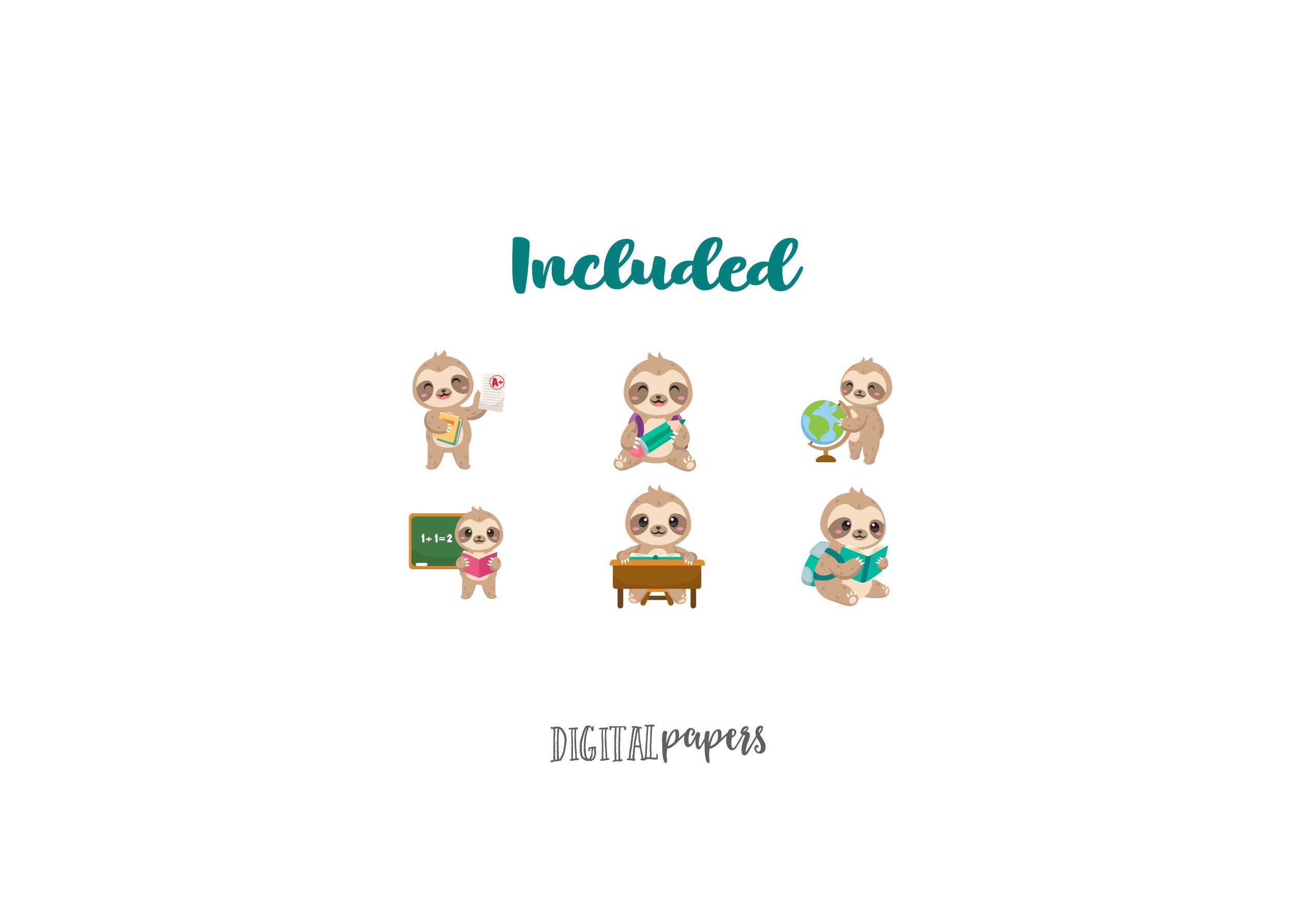 School Sloth Clipart: Back to School Vector Graphics (digital Download ...