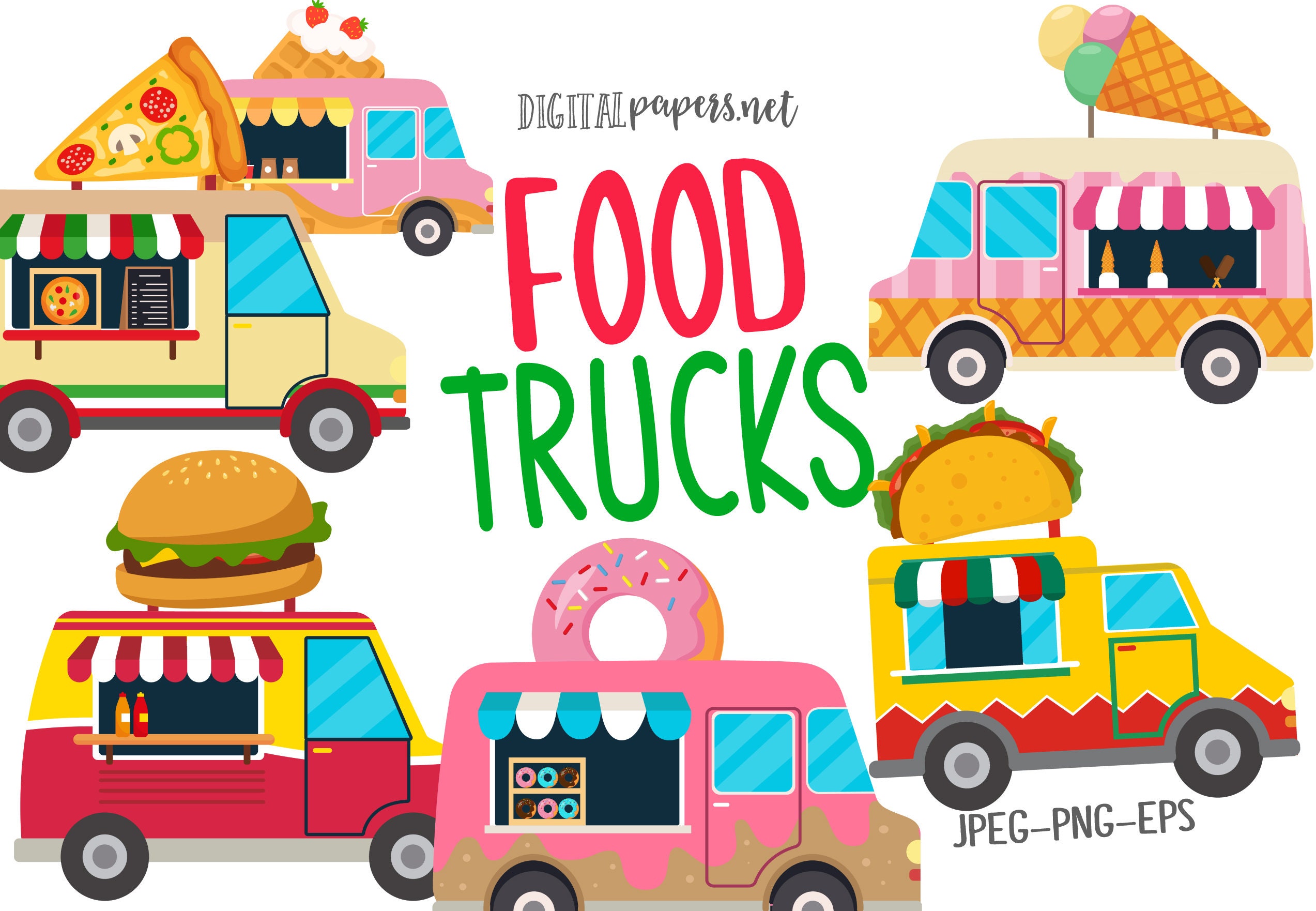 Food Truck Clipart: Donut, Pizza, Burger, Taco, Ice Cream (instant ...