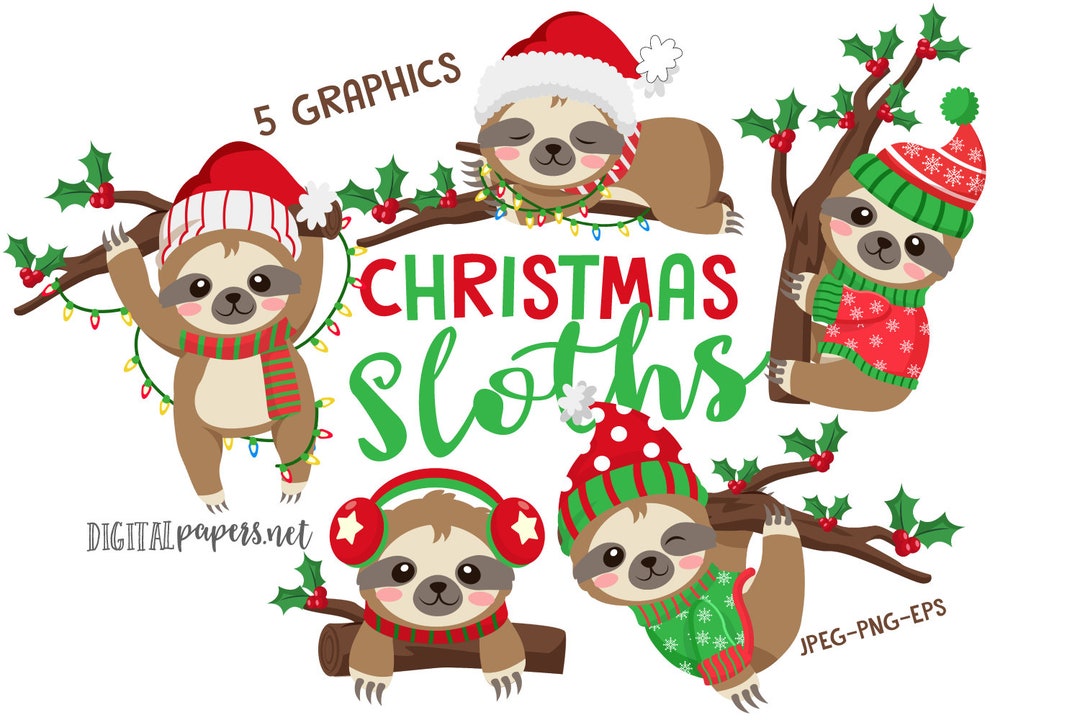 Christmas Sloth Clipart: Holiday Vector Graphics (instant Download) - Etsy