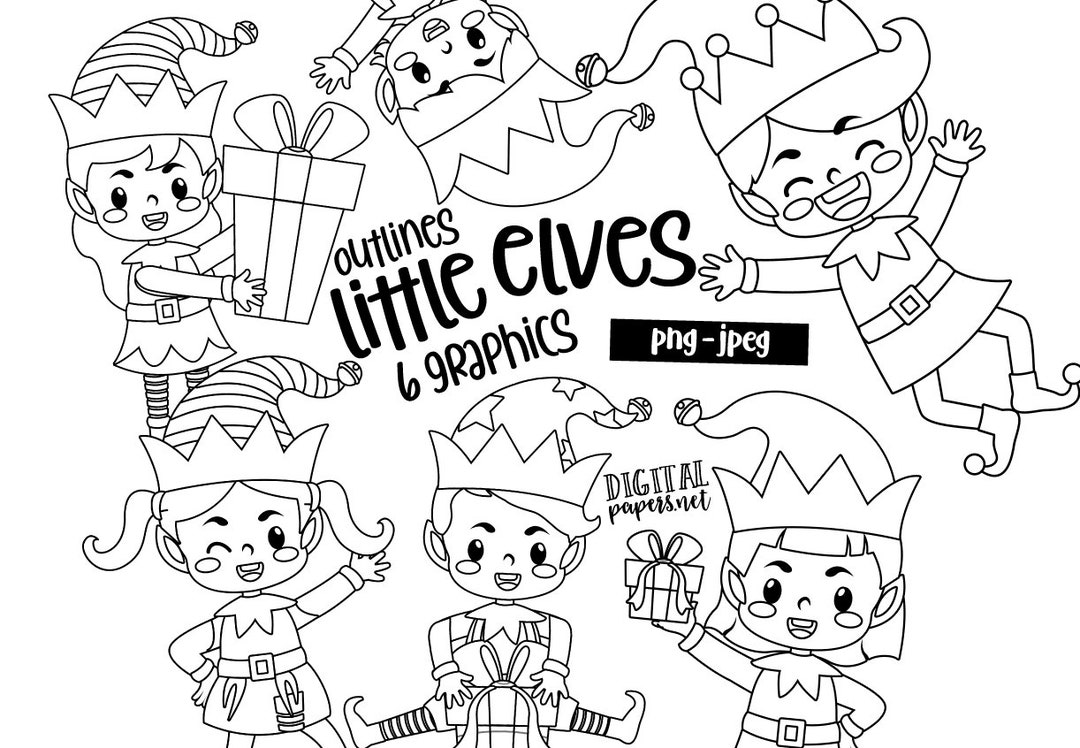 Christmas Elves Outlines Clipart, Commercial Use, Elf Clipart, Gift ...