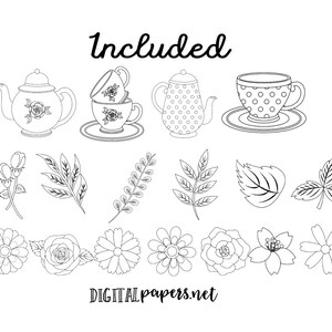 Tea Party Clipart Outlines: Floral Graphics (PNG, Vector, Instant ...