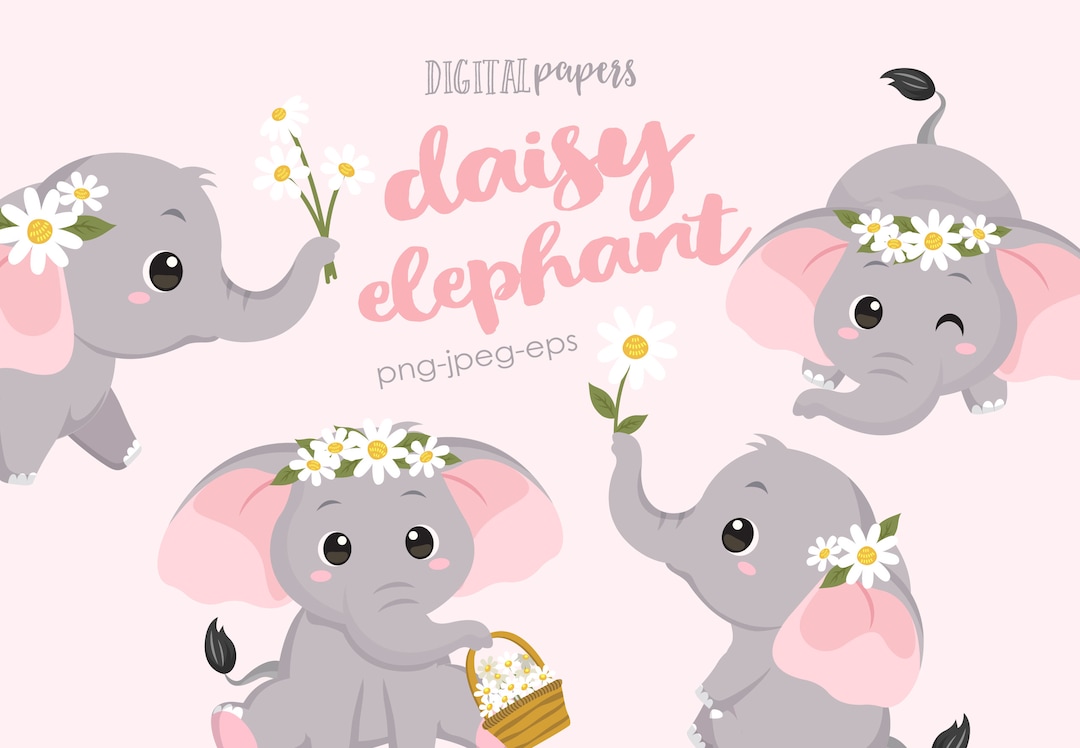 Daisy Elephant Clipart, Elephant Graphics, Daisy Clipart, Baby Shower ...