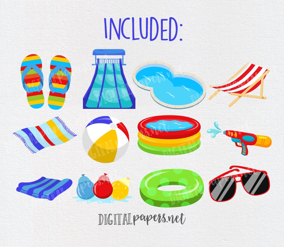 Pool Party Clipart: Summer Vacation Graphics (PNG, JPEG, EPS) - Etsy