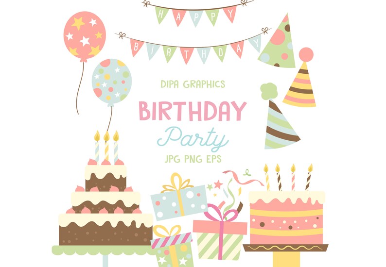 Birthday Party Clipart: Cake, Balloons, Gifts (digital Download) - Etsy