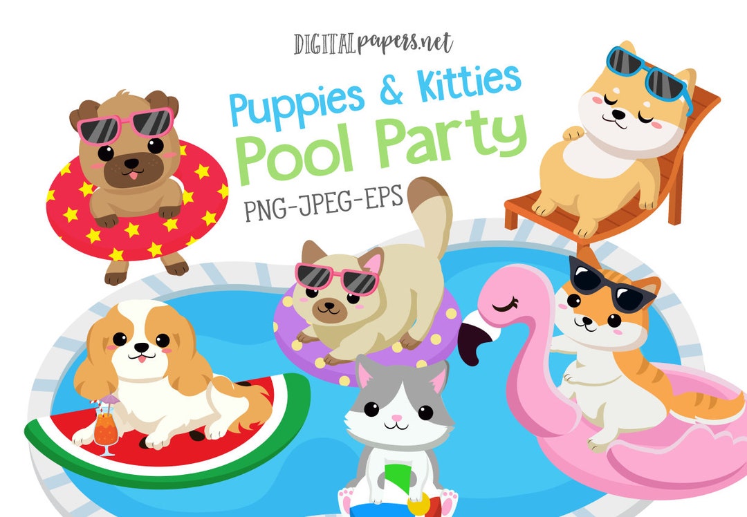 Pool Party Puppies and Kitties Clipart: Summer Pet Adoption Vector (INSTANT DOWNLOAD) - Etsy