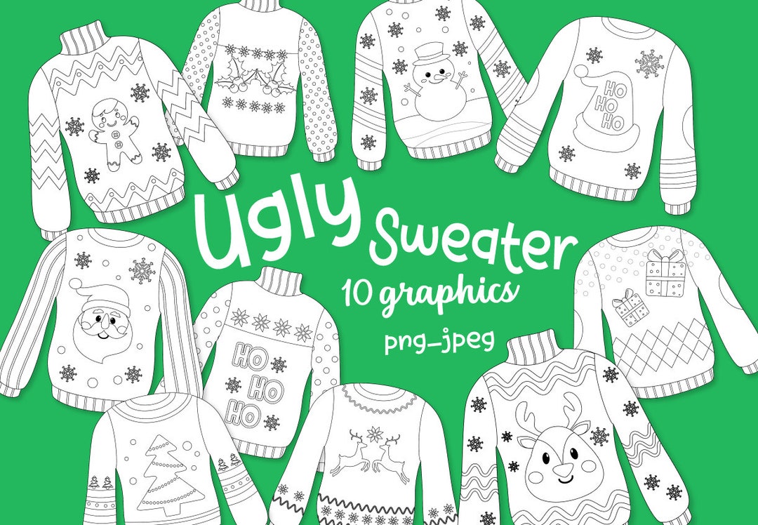 Ugly Sweater Outlines Clipart: Christmas PNG Graphics (instant Download ...