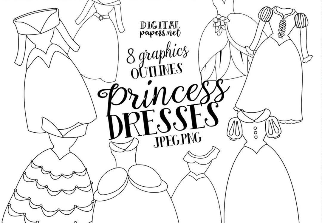 Princess Dress Outlines Clipart, Commercial Use, Royal Party, Digital ...