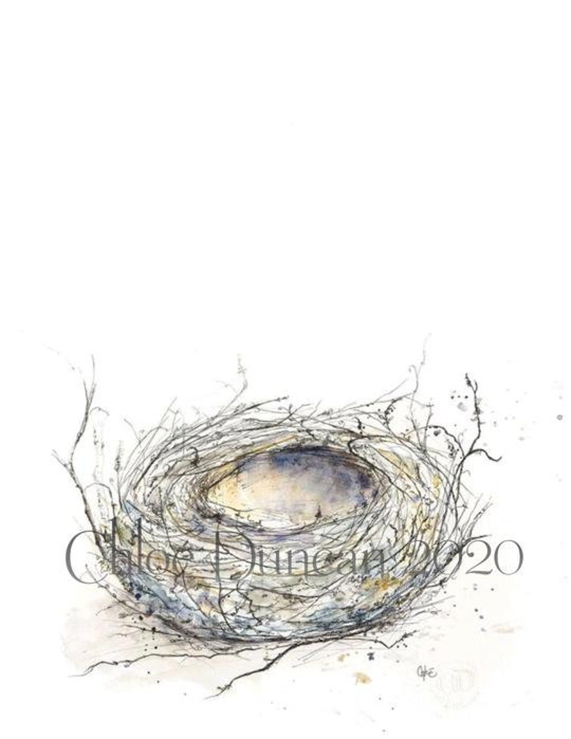 Nest Watercolor Art Print, Bird Nest Decor, Pen and Ink Art, Farm House ...