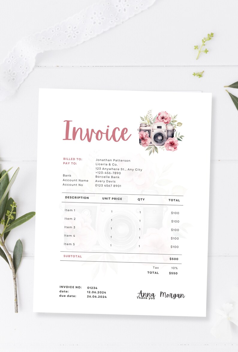 Invoice Template for Photographers, Boho Small Business, Modern Client ...