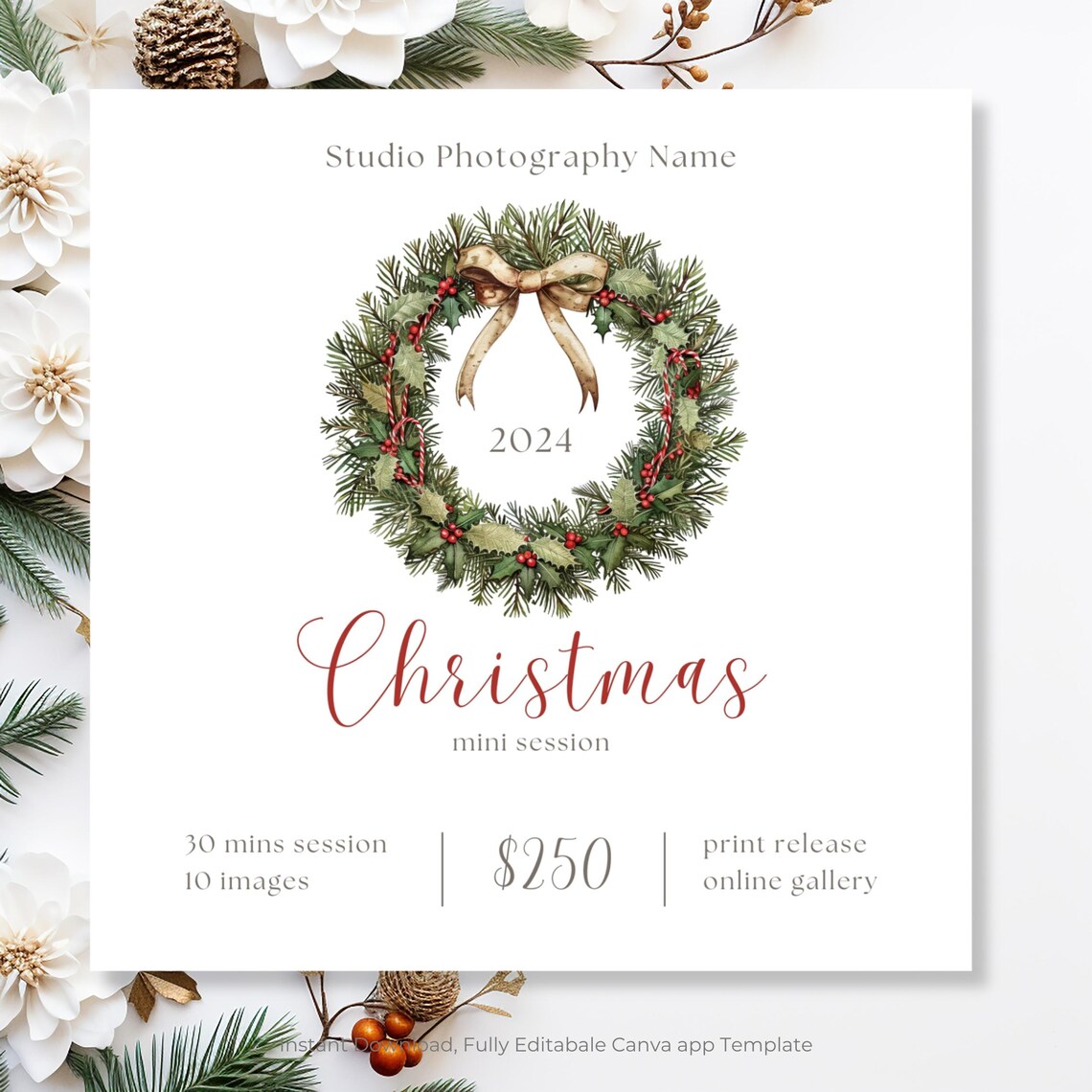Christmas Mini Session Template: Rustic Wreath, Beige Design (canva ...