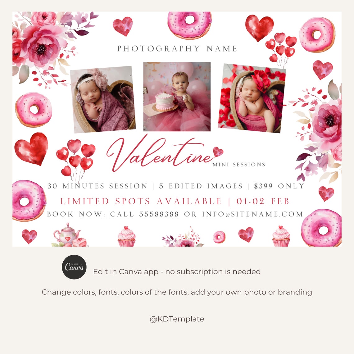 Valentine Mini Session Template Editable Canva Template Watercolor ...