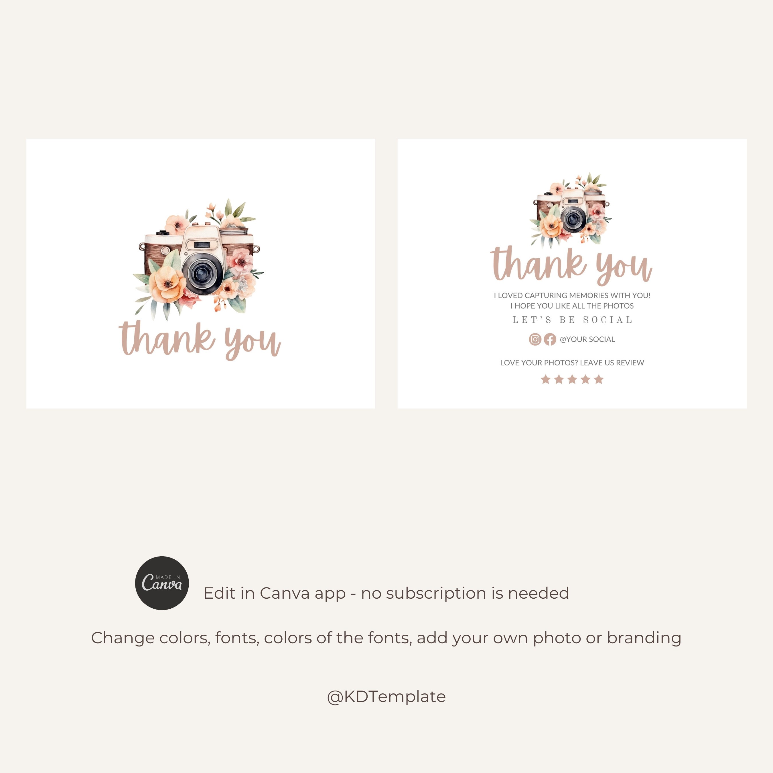 Thank You Card Template for Photographers, Wedding Photography, Canva ...