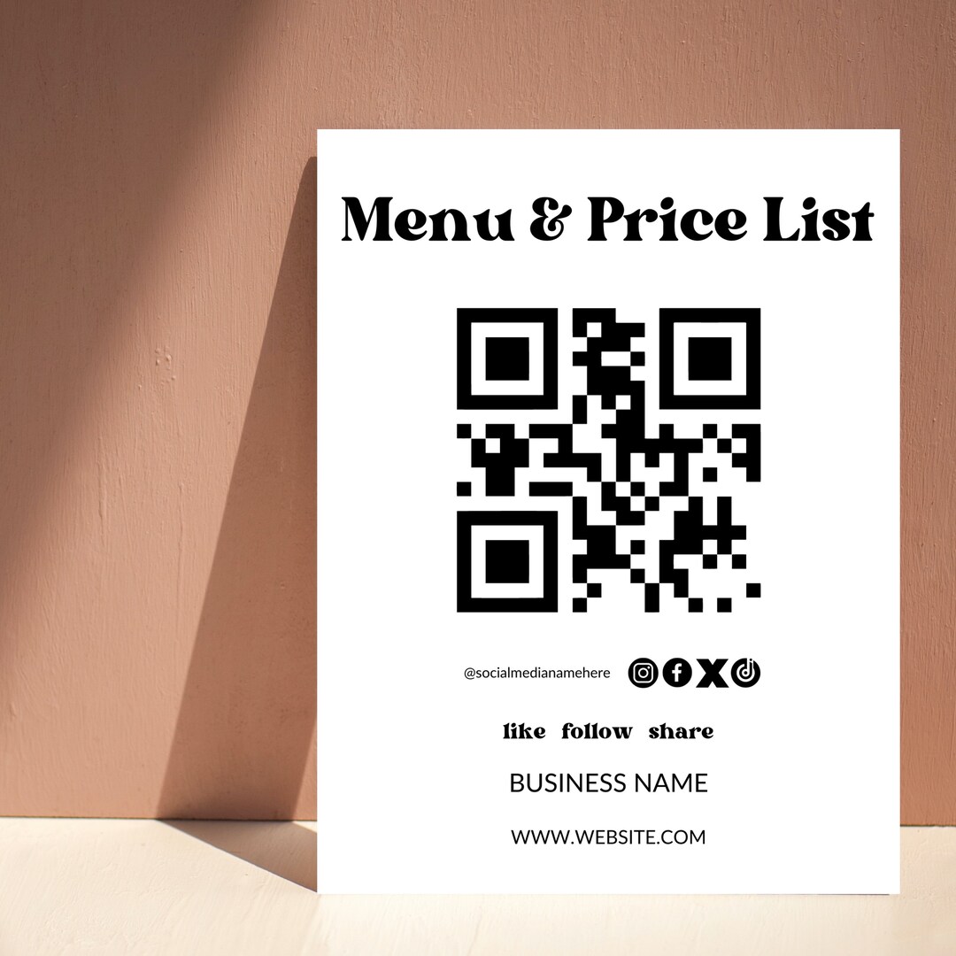 Printable Menu & Price List QR Code Sign Template, Editable Menu QR Code Sign Canva, Small ...