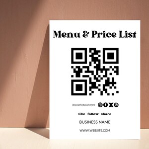 Printable Menu & Price List QR Code Sign Template, Editable Menu QR ...