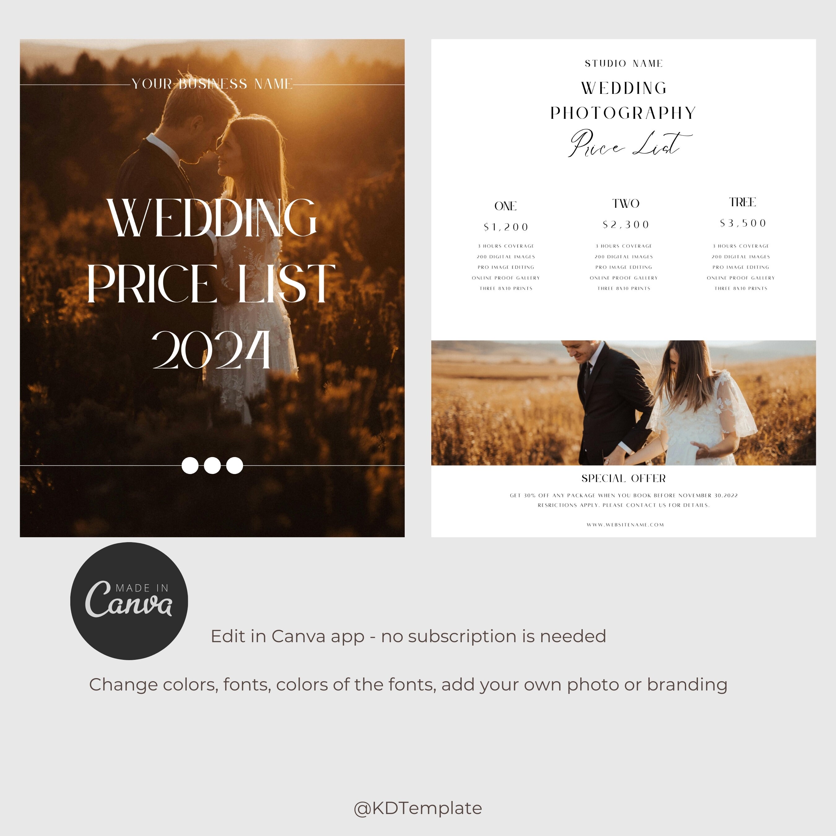 Modern Wedding Price List Template for Photographers, Pricing List ...