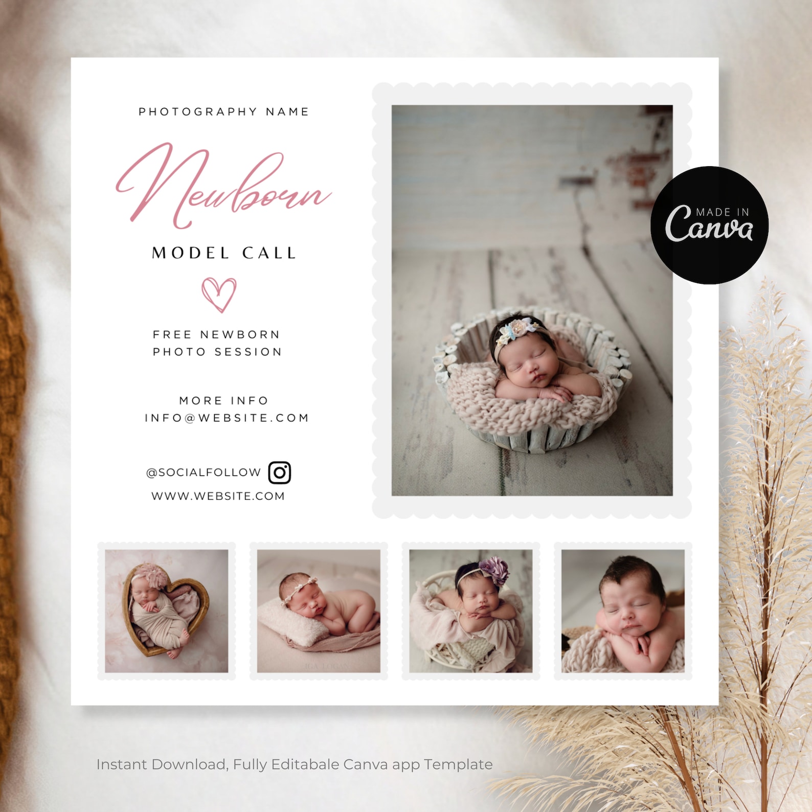 Newborn Model Call Flyer Photography Canva Template, Social Media Post ...