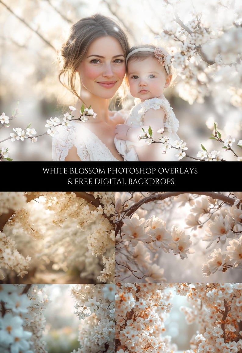 85 White Blossom Photoshop Overlays, Spring Floral Frames, Digital ...