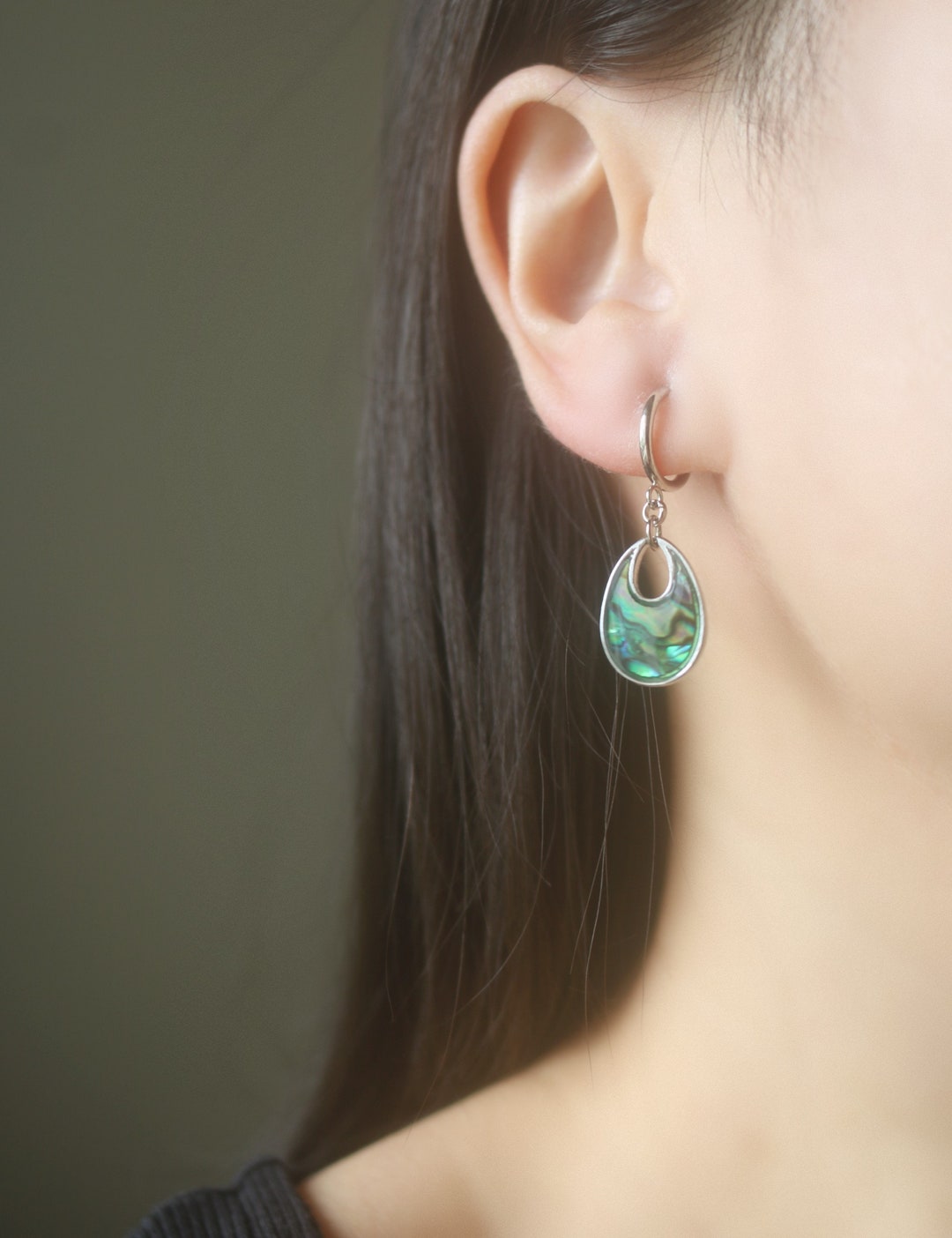1 Pair Imitation Abalone Shell Teardrop Silver Hoop Clip on Earrings ...