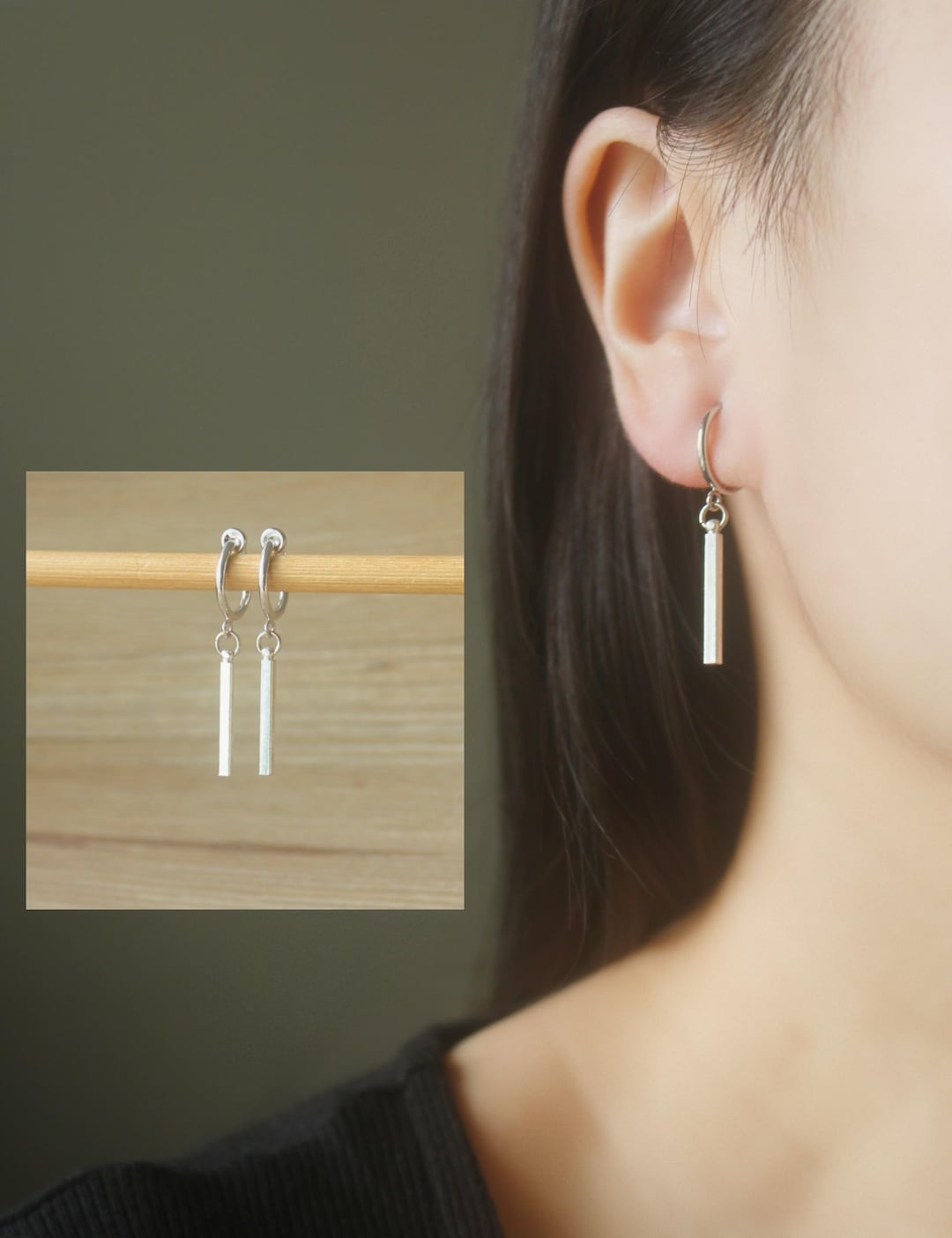 1 Pair 20mm Silver Dangle Bar Hoop Clip on Earrings, Non Pierced ...