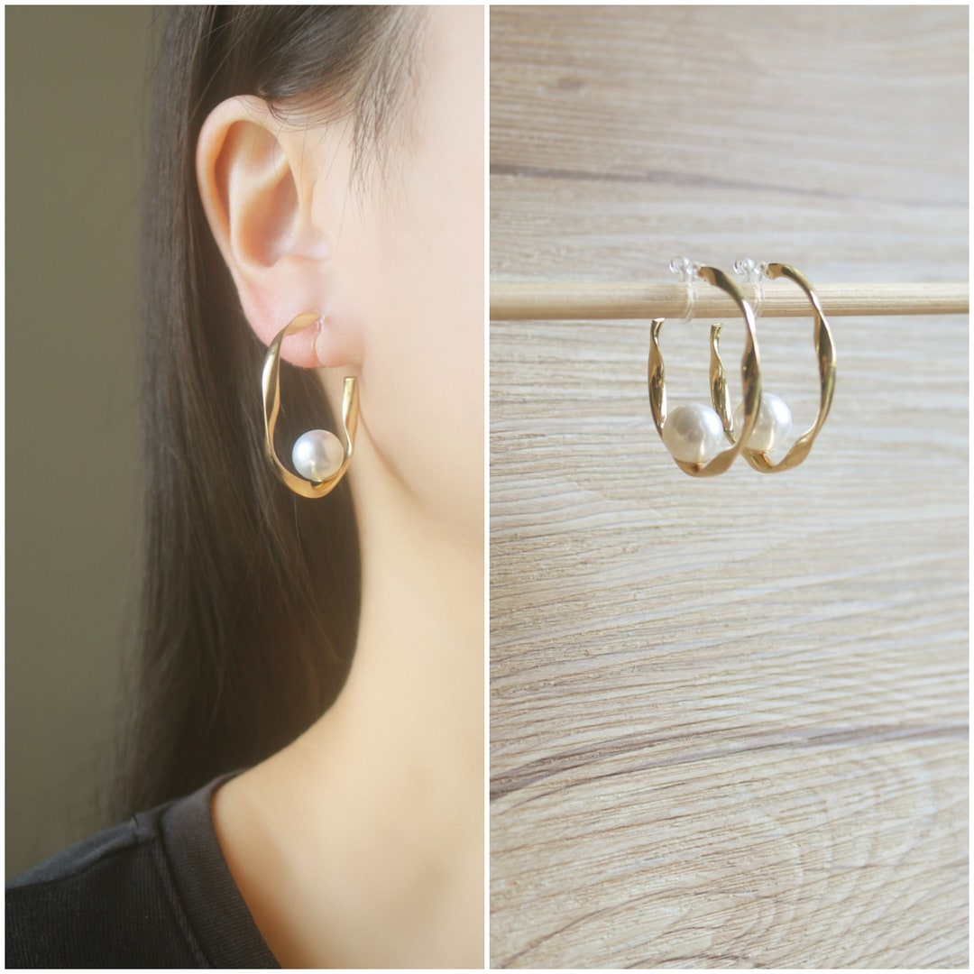 1 Pair 35mm Gold Open Hoop With White Resin Pearl Invisible Resin Clip ...