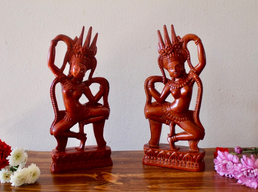 2 Apsara Wood Statues , Cambodian Dancer Figurine a Set of 2 Beautiful ...