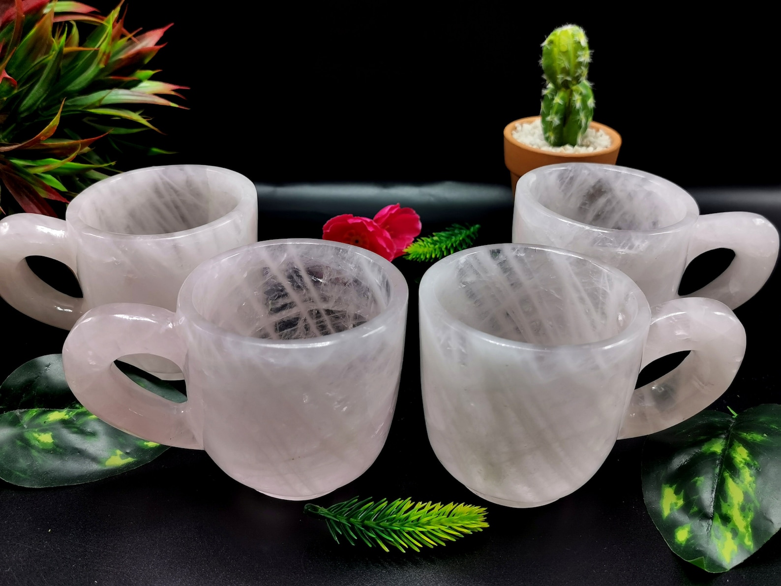 Rose Quartz Tea Set - Exquisite Carving of a Tea Kettle and 4 Tea Cups ...