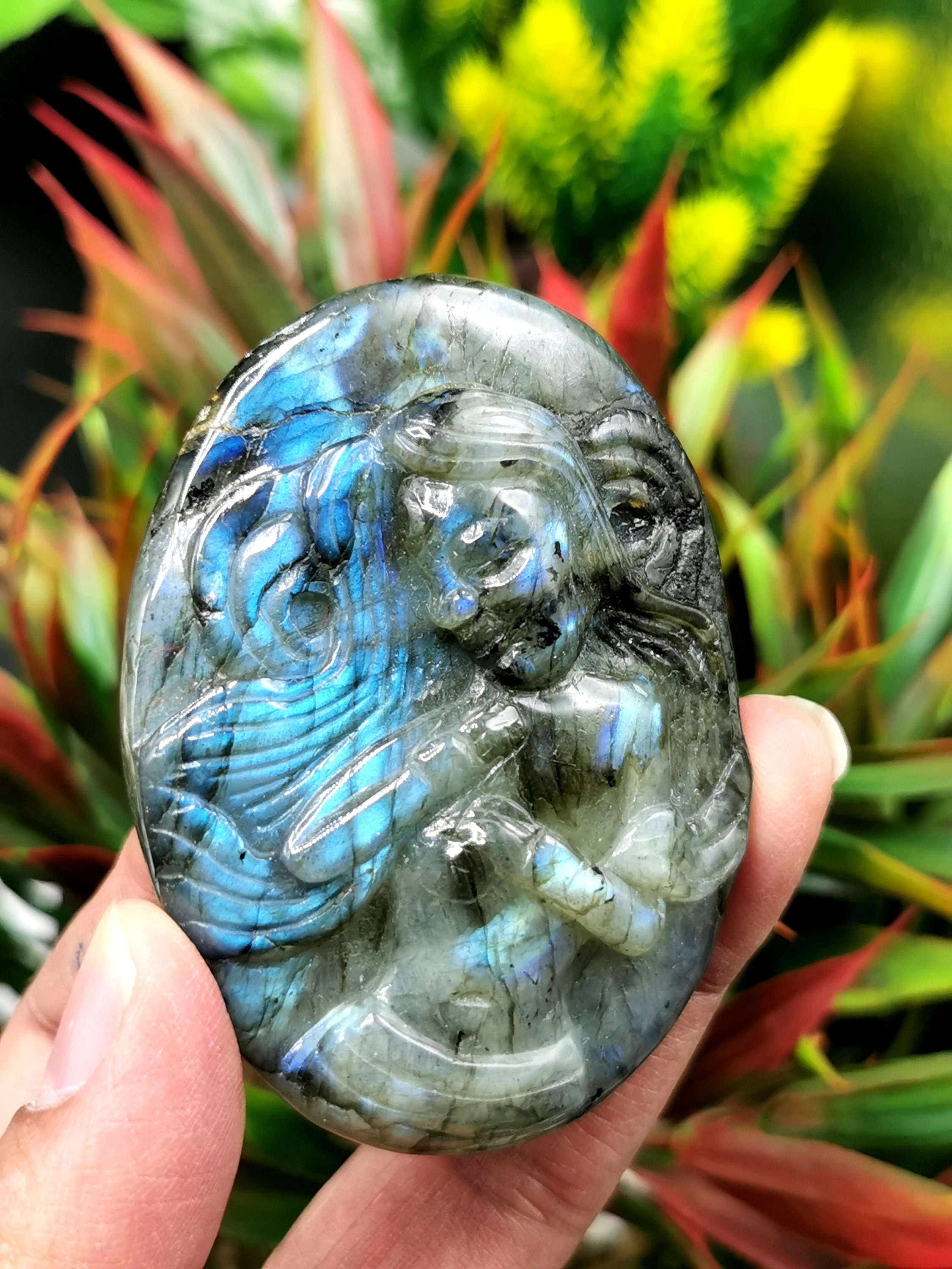 Intricately hand carved Goddess on natural labradorite stone | Etsy