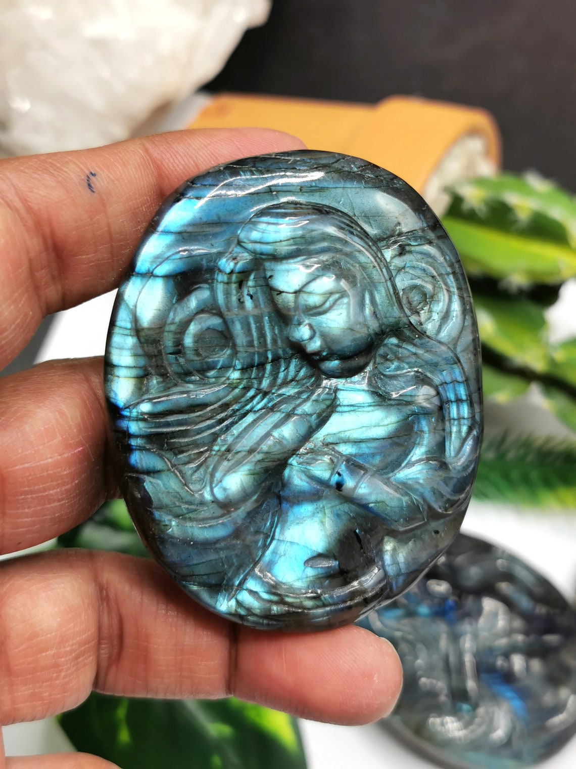 Intricately hand carved Goddess on natural labradorite stone | Etsy