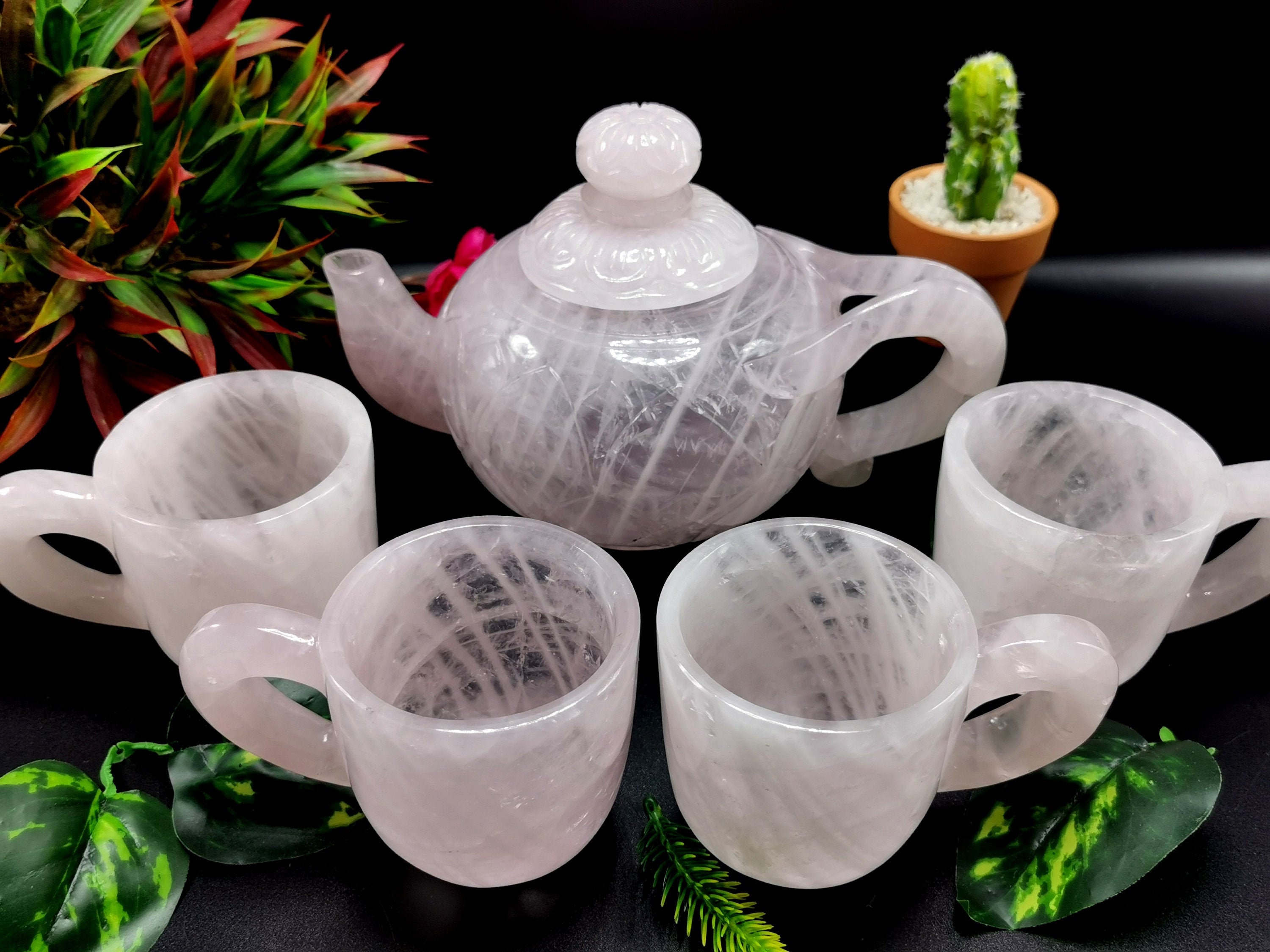 Rose Quartz Tea Set - Exquisite Carving of a Tea Kettle and 4 Tea Cups ...